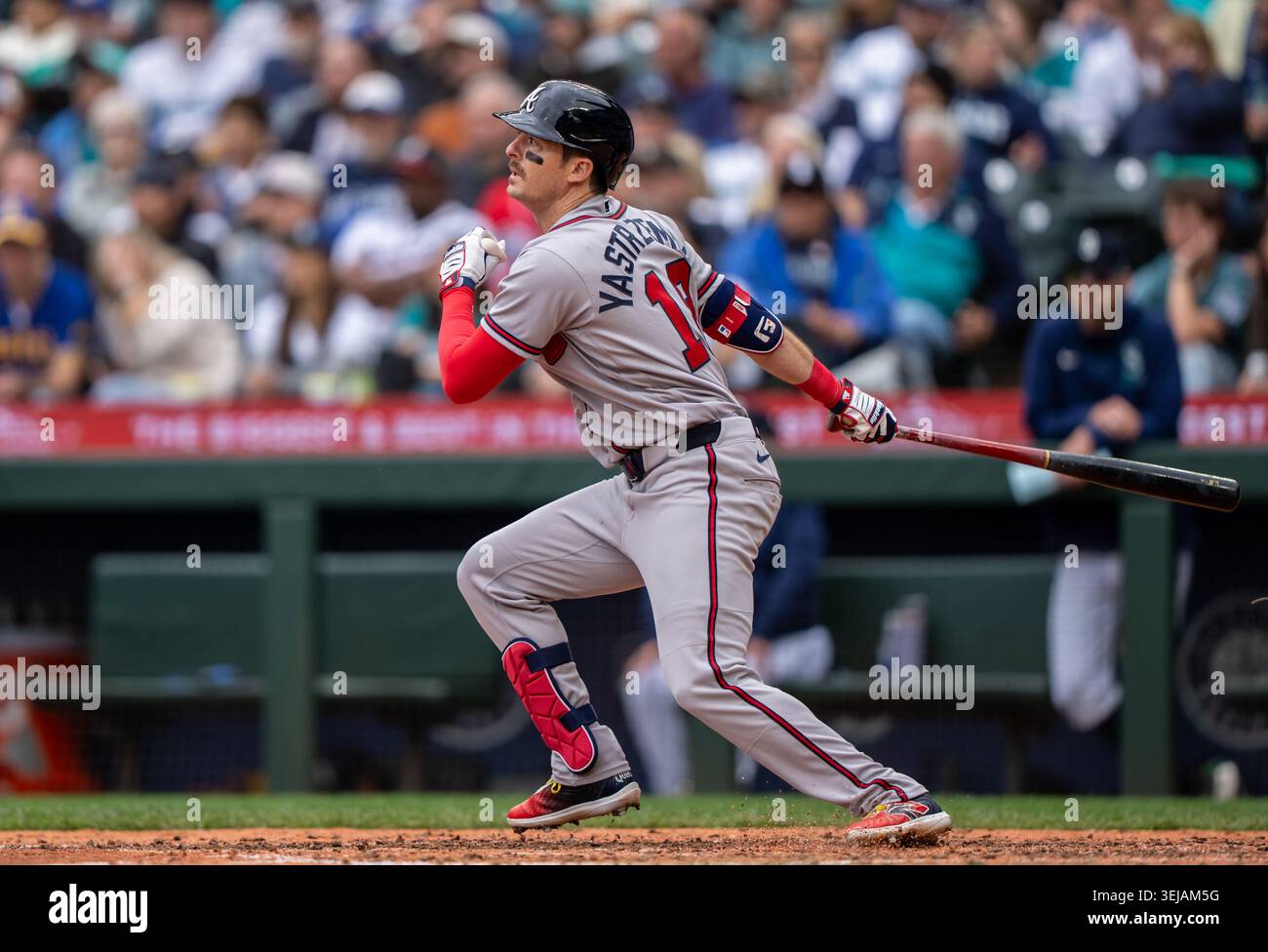 Atlanta Braves' Mike Yastrzemski takes a swing during an at-bat in a ...
