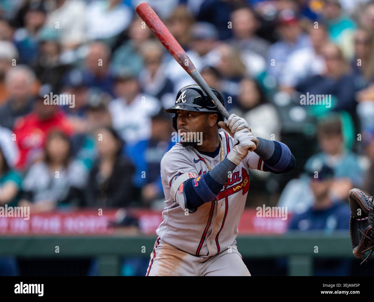 Atlanta Braves' Ozzie Albies waits for a pitch during an at-bat in a ...