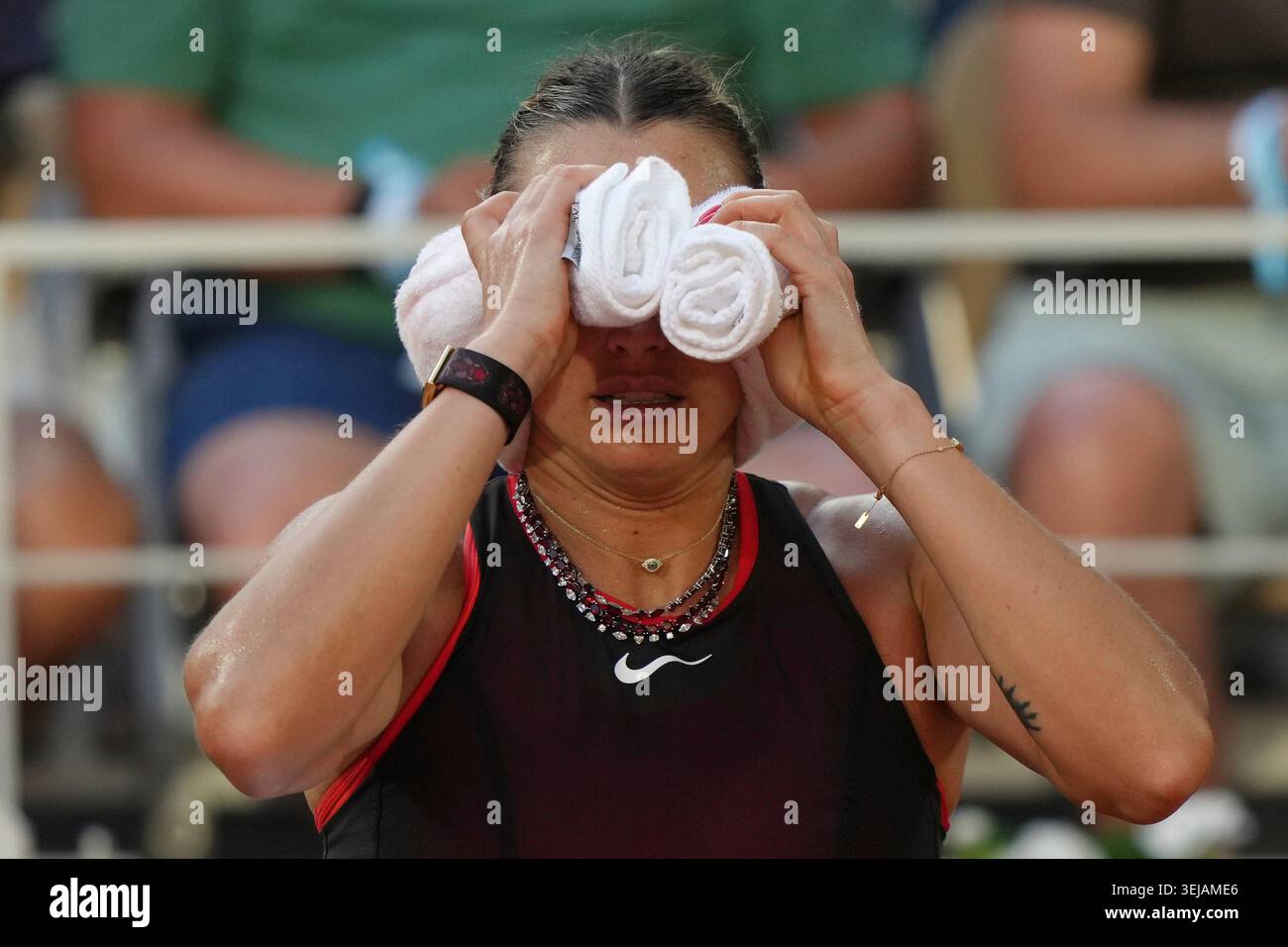 Aryna Sabalenka of Belarus attends a break during the second round ...
