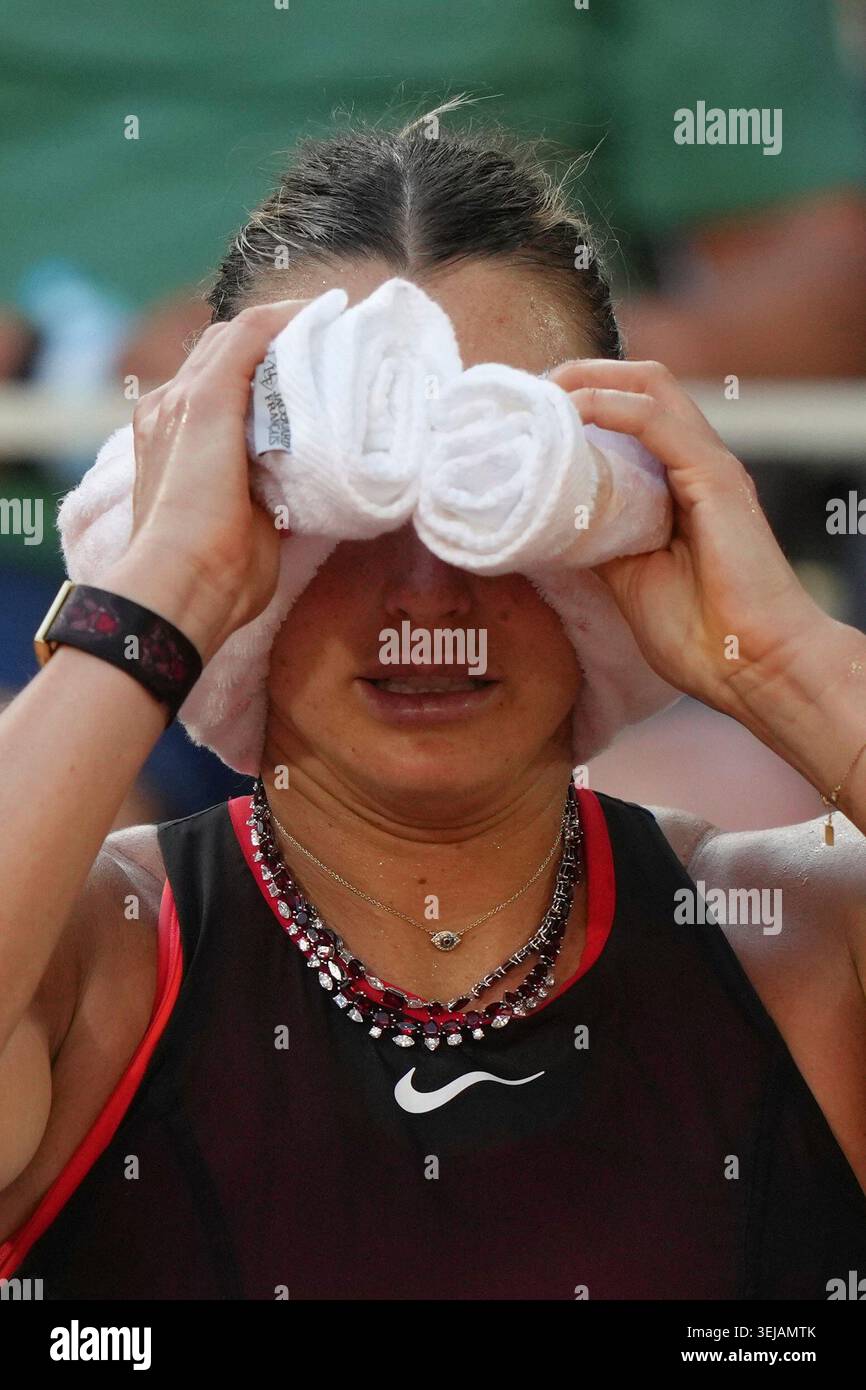 Aryna Sabalenka of Belarus attends a break during the second round ...