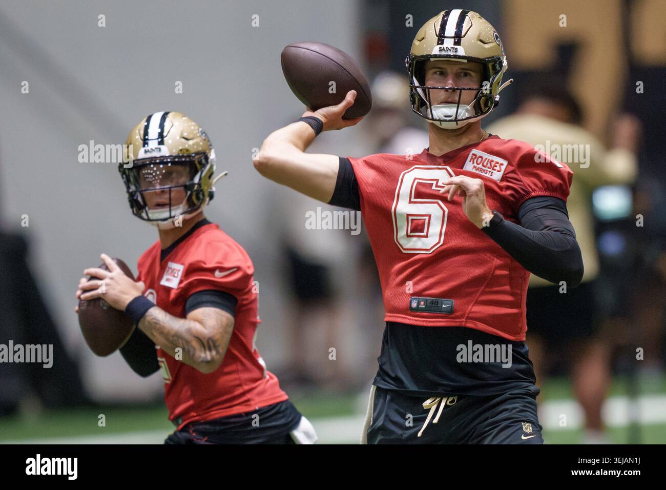 New Orleans Saints quarterback Tyler Shough (6) throws next to ...