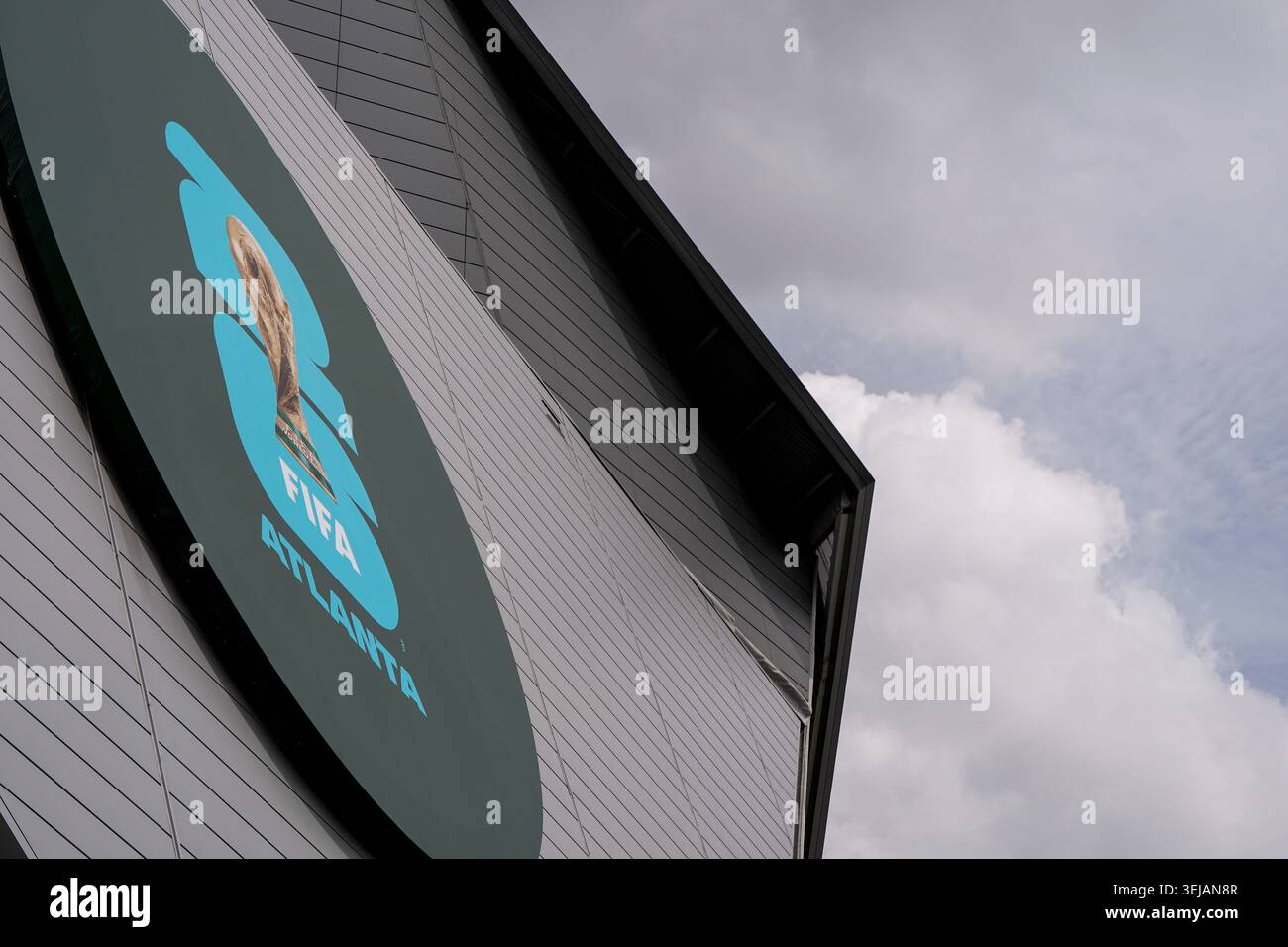 The Mercedes-Benz Stadium is seen wtih FIFA World Cup branding ...