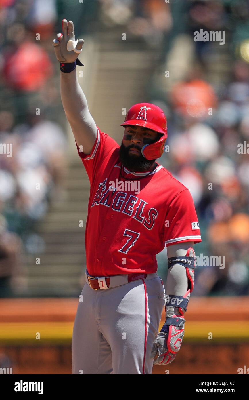 Los Angeles Angels' Jo Adell reacts to his double against the Detroit ...