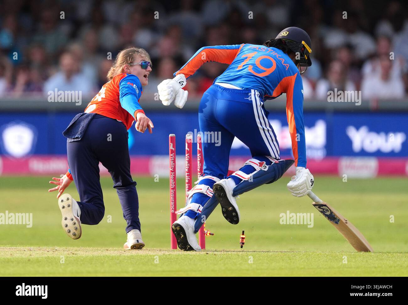 India's Yastika Bhatia is run out by England's Charlie Dean during the ...
