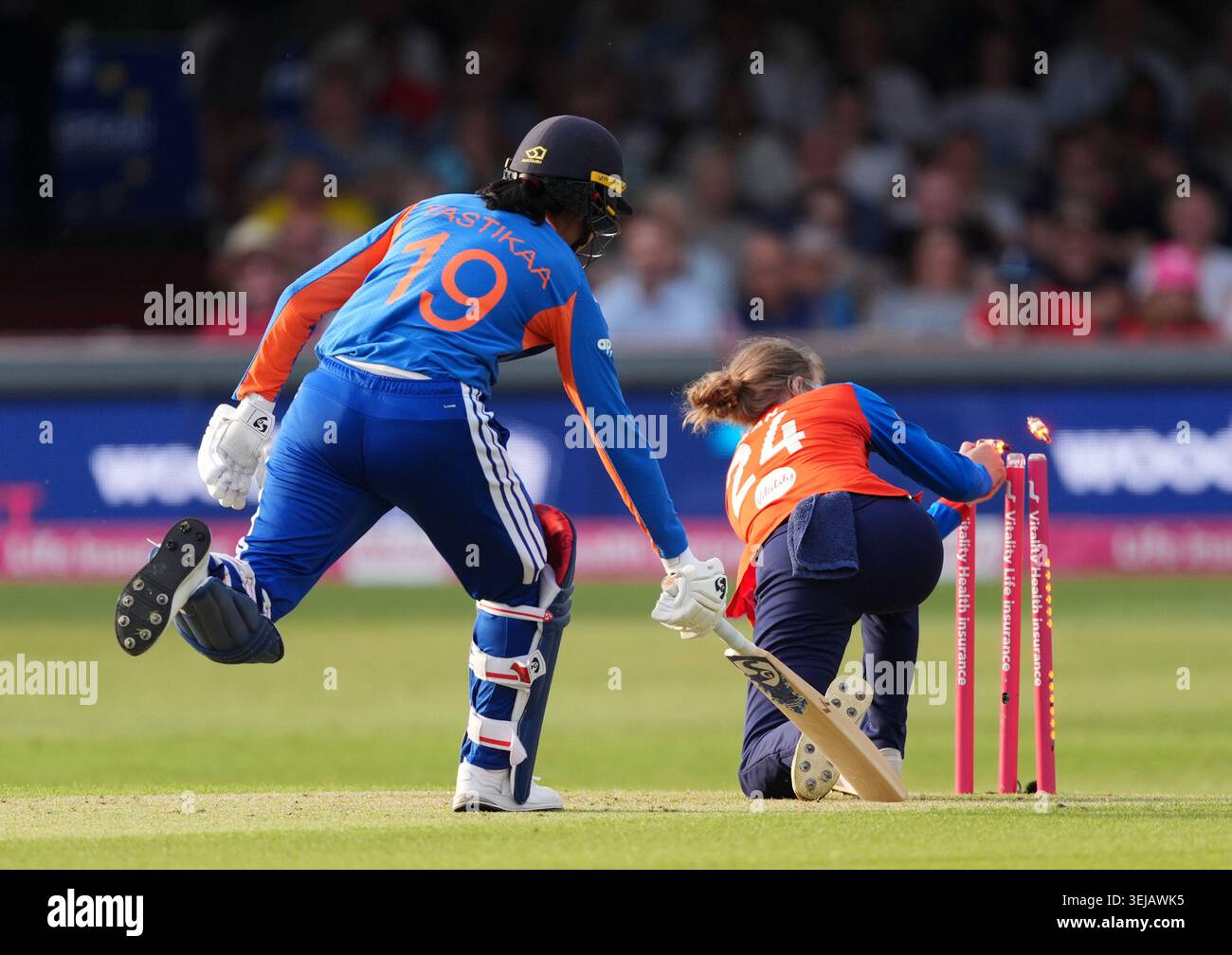 India's Yastika Bhatia is run out by England's Charlie Dean during the ...