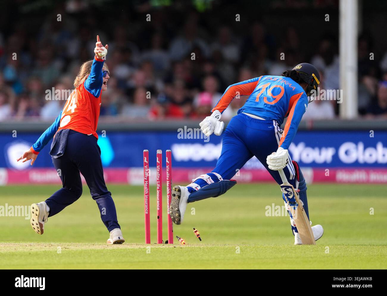India's Yastika Bhatia is run out by England's Charlie Dean during the ...