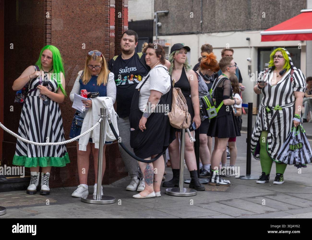 London, UK. 28th May, 2026. Theater goers dressed up in Beetlejuice ...