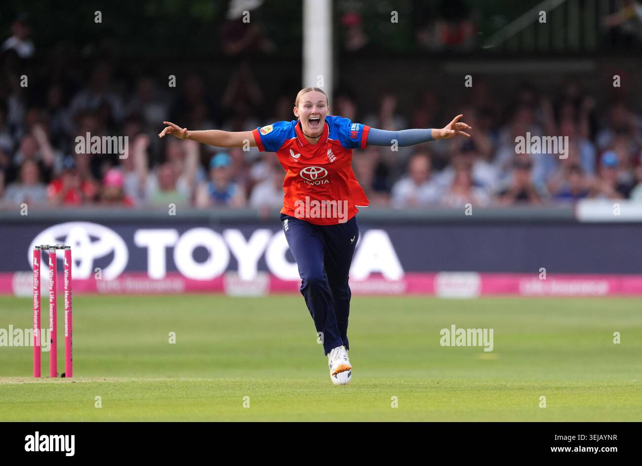 England's Tilly Corteen-Coleman celebrates the wicket of India's Richa ...