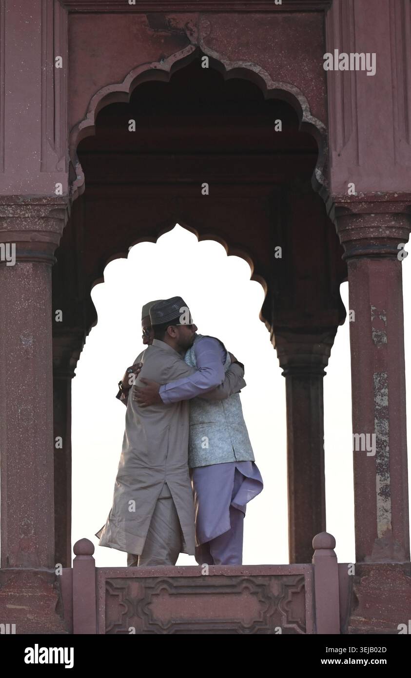 NEW DELHI, INDIA - MAY 28: Muslim hug each other after congregational ...