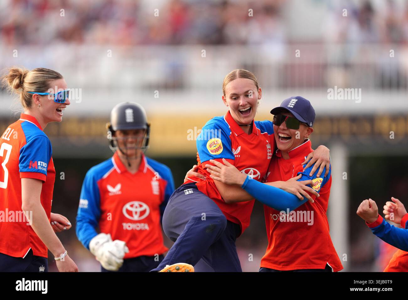 England's Tilly Corteen-Coleman and Issy Wong celebrate the wicket of ...