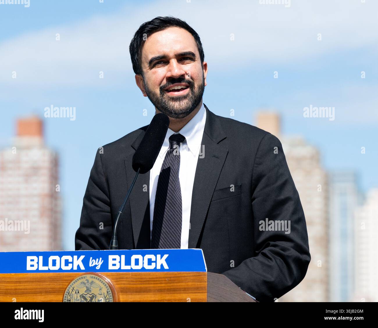 New York City Mayor Zohran Mamdani (D) speaking at a press conference ...