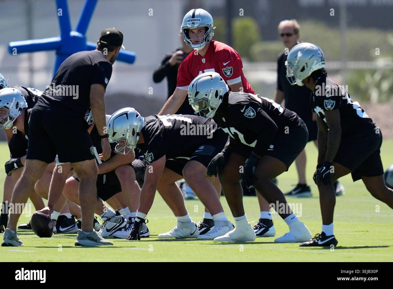 Las Vegas Raiders quarterback Fernando Mendoza (15) takes part during ...