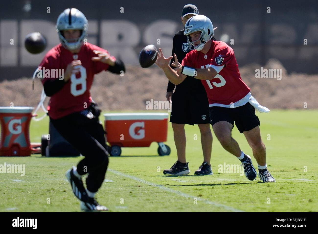Las Vegas Raiders quarterback Fernando Mendoza (15) takes part during ...