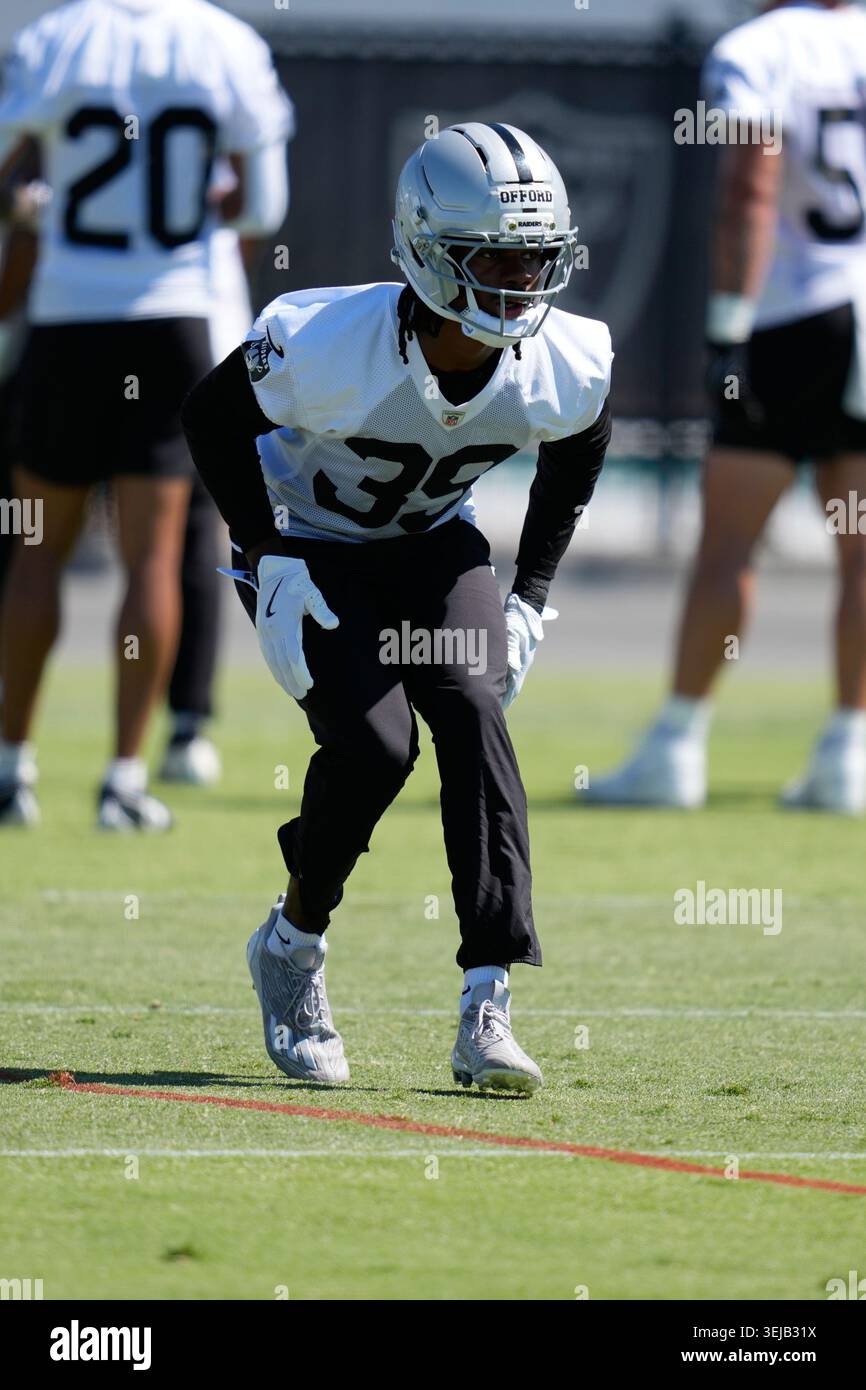 Las Vegas Raiders' Caleb Offord takes part during the NFL football team ...