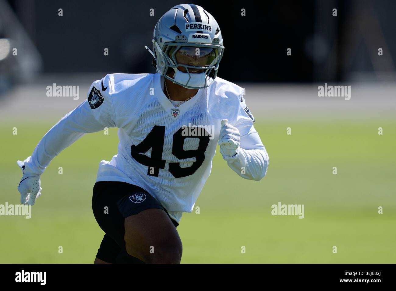 Las Vegas Raiders safety Devyn Perkins (49) takes part during the NFL ...