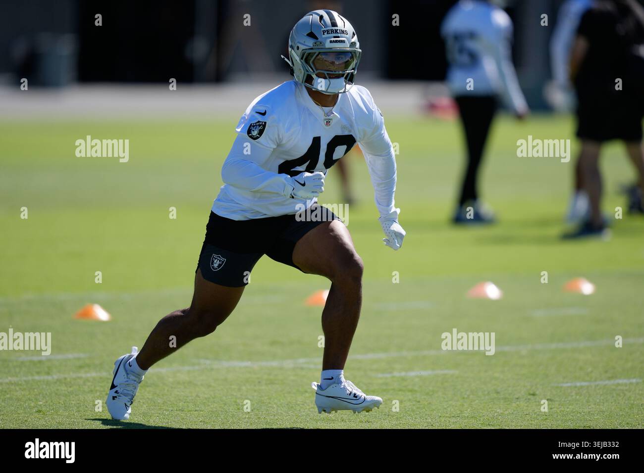 Las Vegas Raiders safety Devyn Perkins (49) takes part during the NFL ...