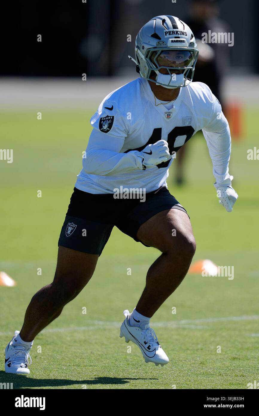 Las Vegas Raiders safety Devyn Perkins (49) takes part during the NFL ...