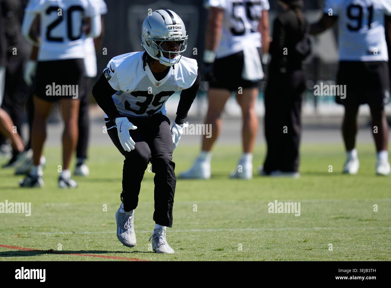 Las Vegas Raiders' Caleb Offord takes part during the NFL football team ...