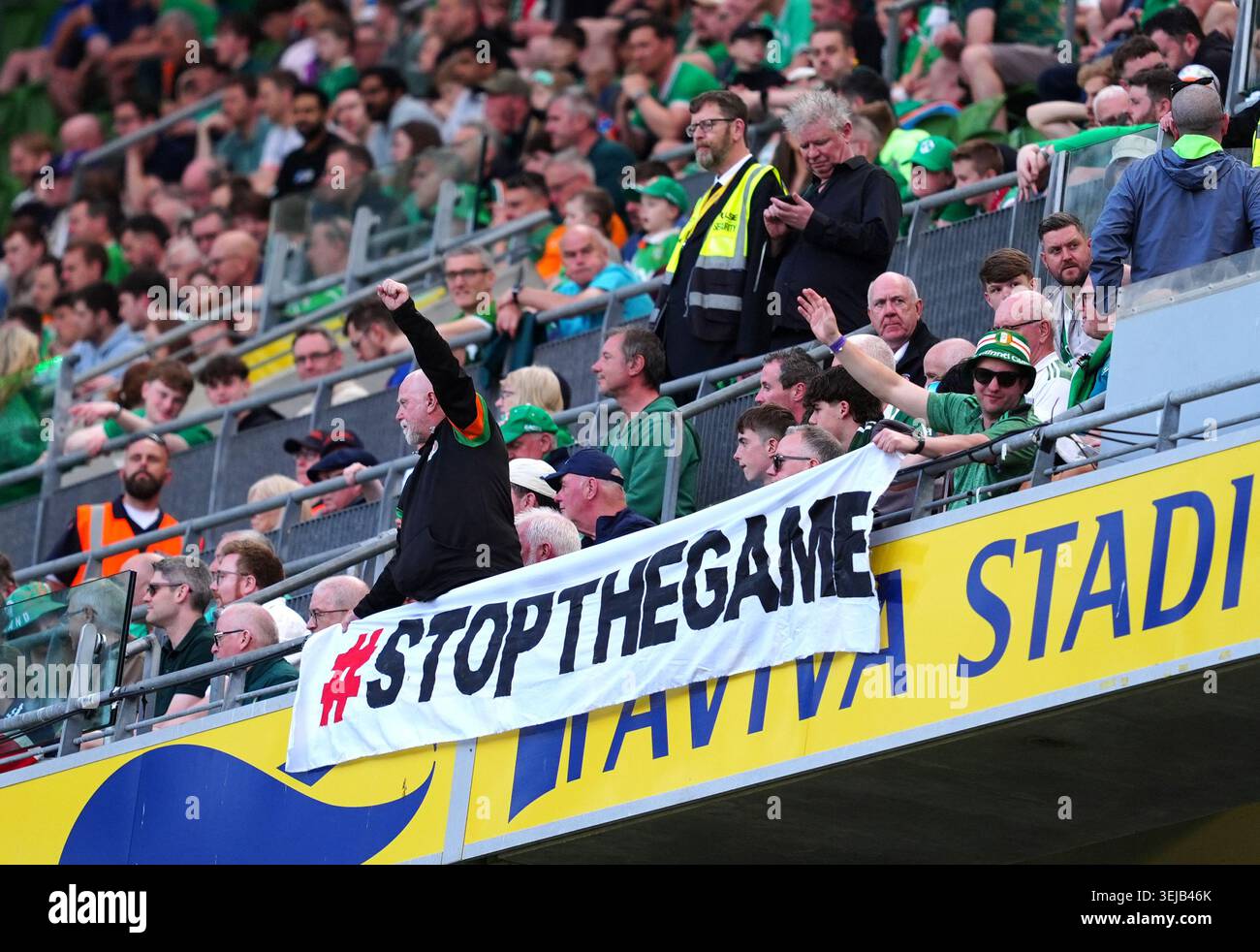 A #STOPTHEGAME boycott banner in the stands during an international ...