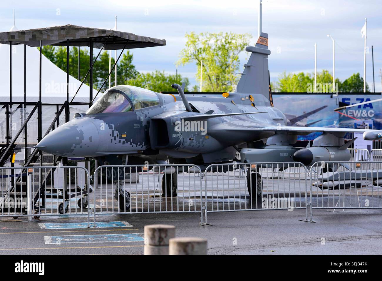 A replica of a Saab Gripen multirole fighter aircraft is shown at the ...