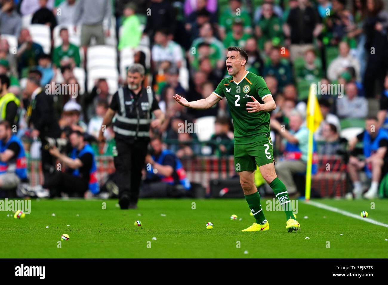 Republic of Ireland's Seamus Coleman reacts as another volley of tennis ...