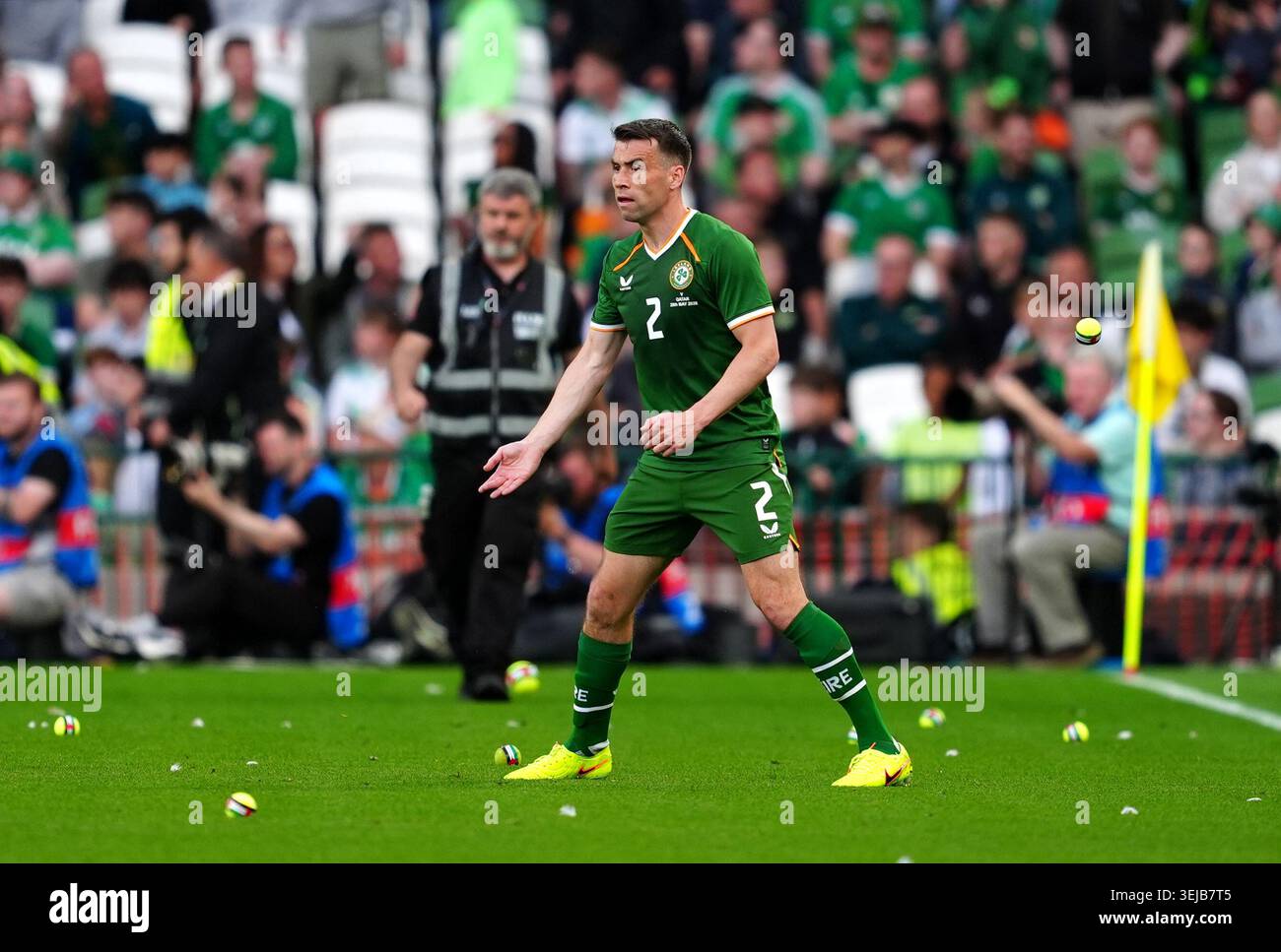 Republic of Ireland's Seamus Coleman reacts as another volley of tennis ...