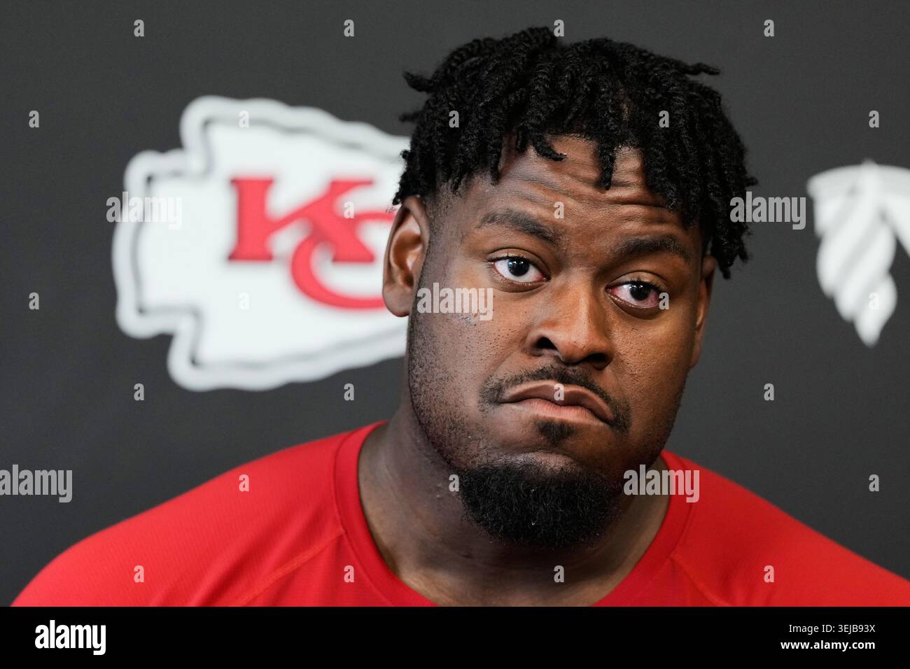 Kansas City Chiefs guard Trey Smith addresses the media after the NFL ...