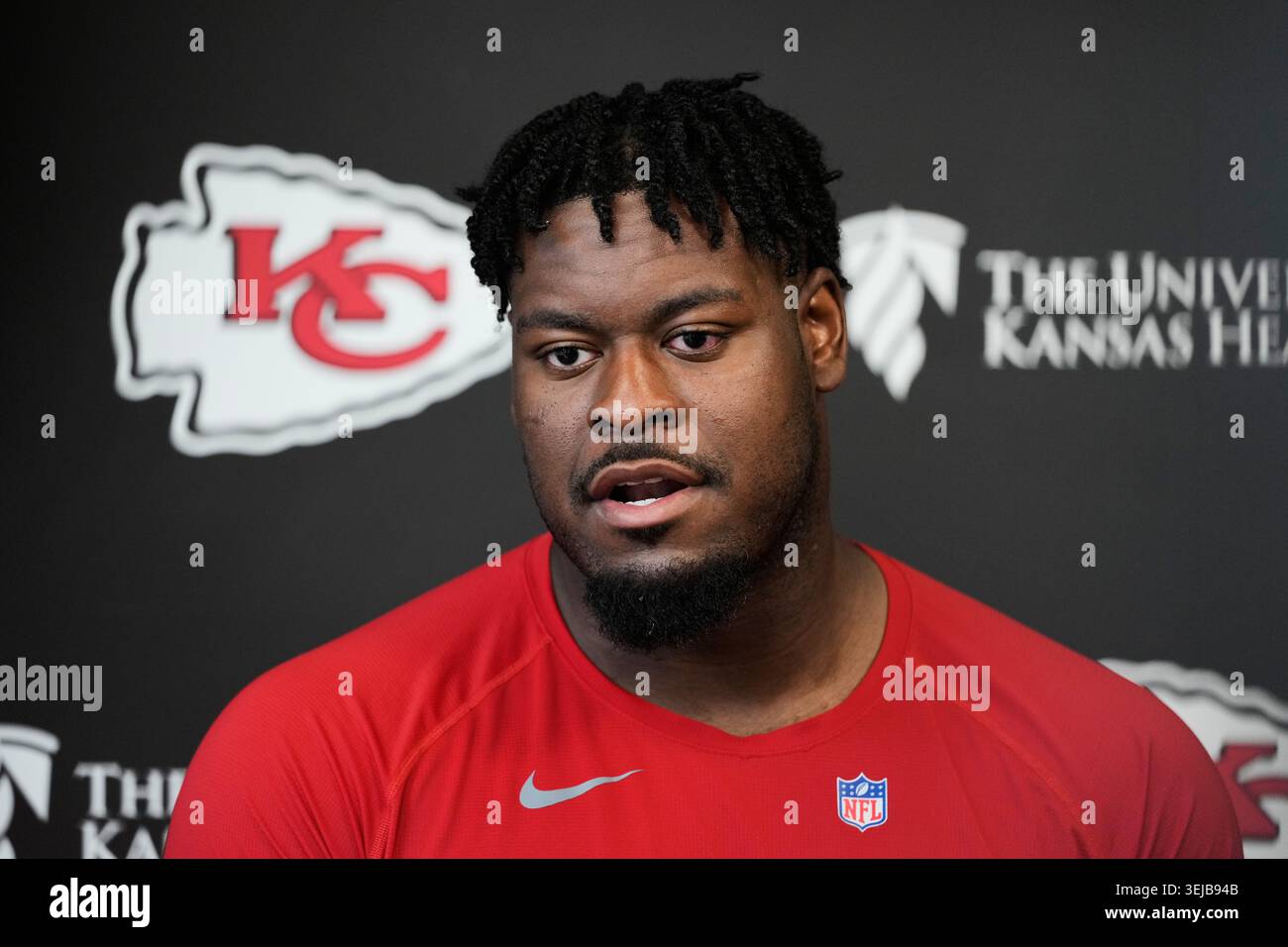 Kansas City Chiefs guard Trey Smith addresses the media after the NFL ...