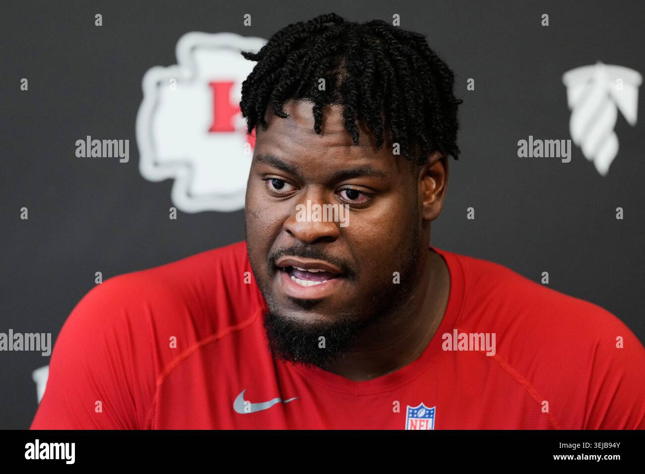 Kansas City Chiefs guard Trey Smith addresses the media after the NFL ...