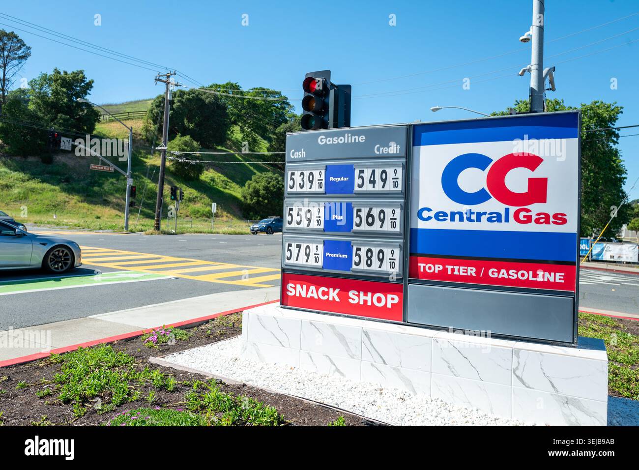 Signage for a gas station showing prices exceeding $5 per gallon ...