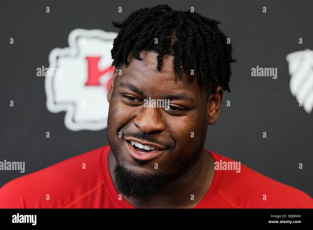 Kansas City Chiefs guard Trey Smith addresses the media after the NFL ...