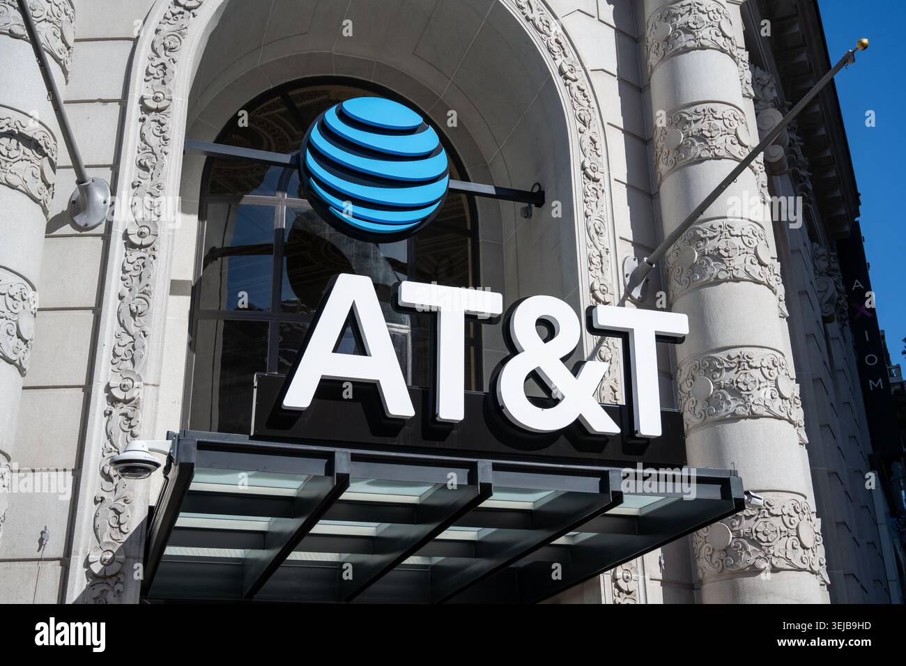 AT&T logo and signage on ornate historic building exterior on a sunny ...