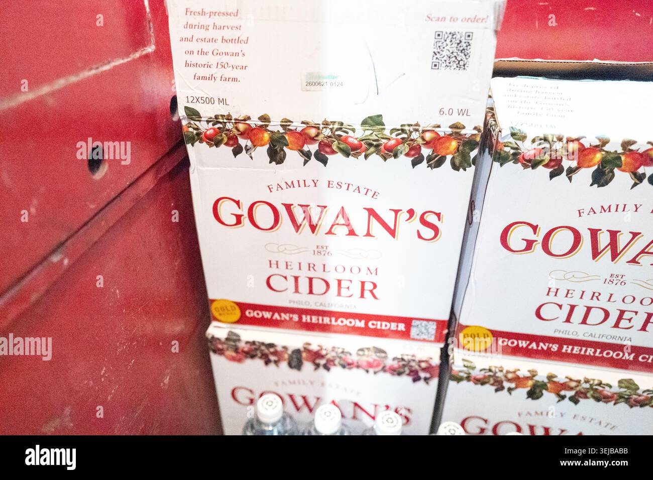 Boxes of Gowan's brand hard apple cider are stacked near Fort Bragg ...