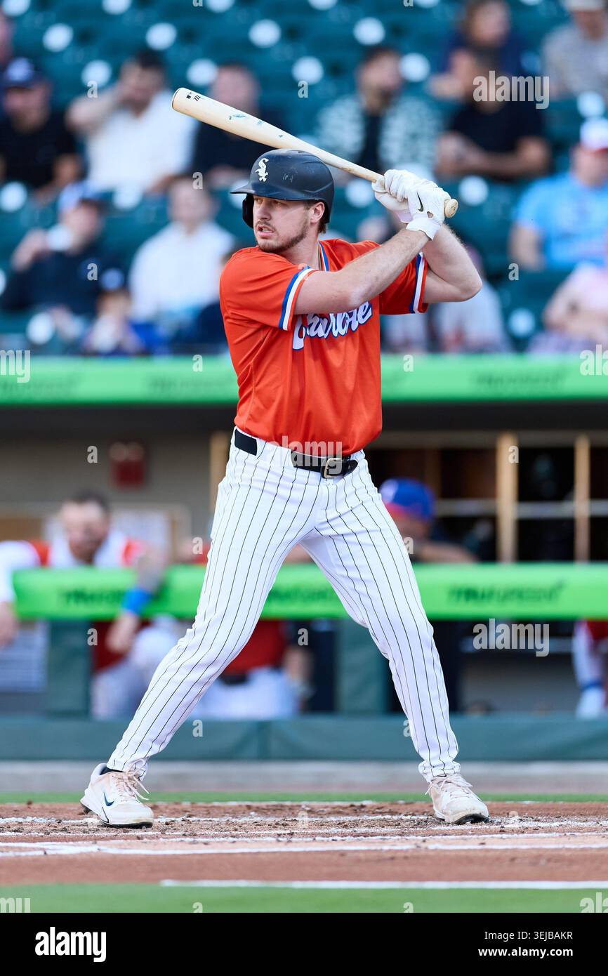 Kyle Teel (8) of the Charlotte O's bats against the Norfolk Tides ...