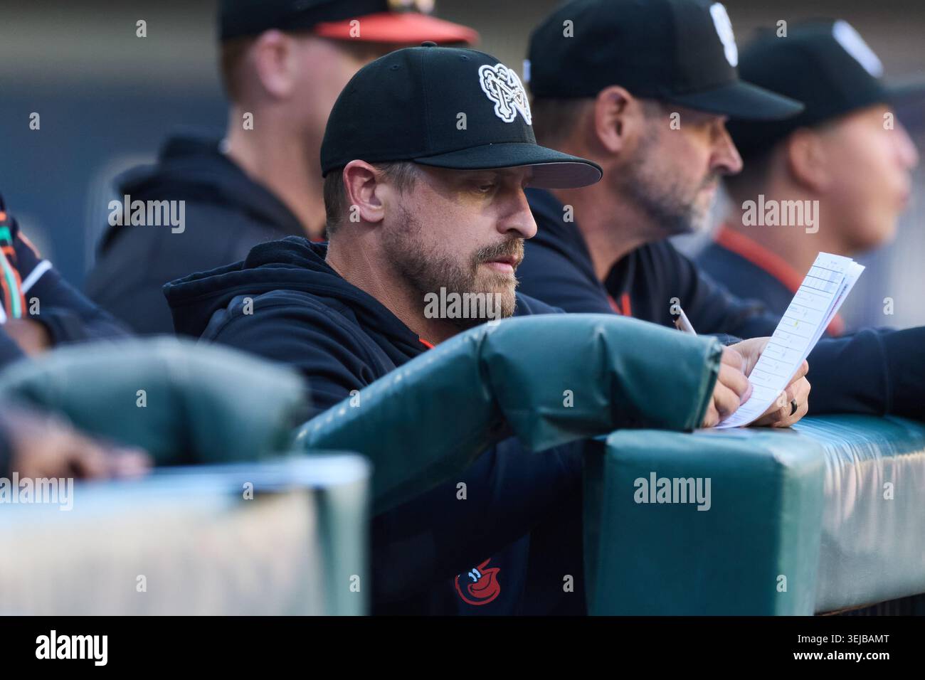 Norfolk Tides manager Tim Federowicz (19) makes notes during an ...