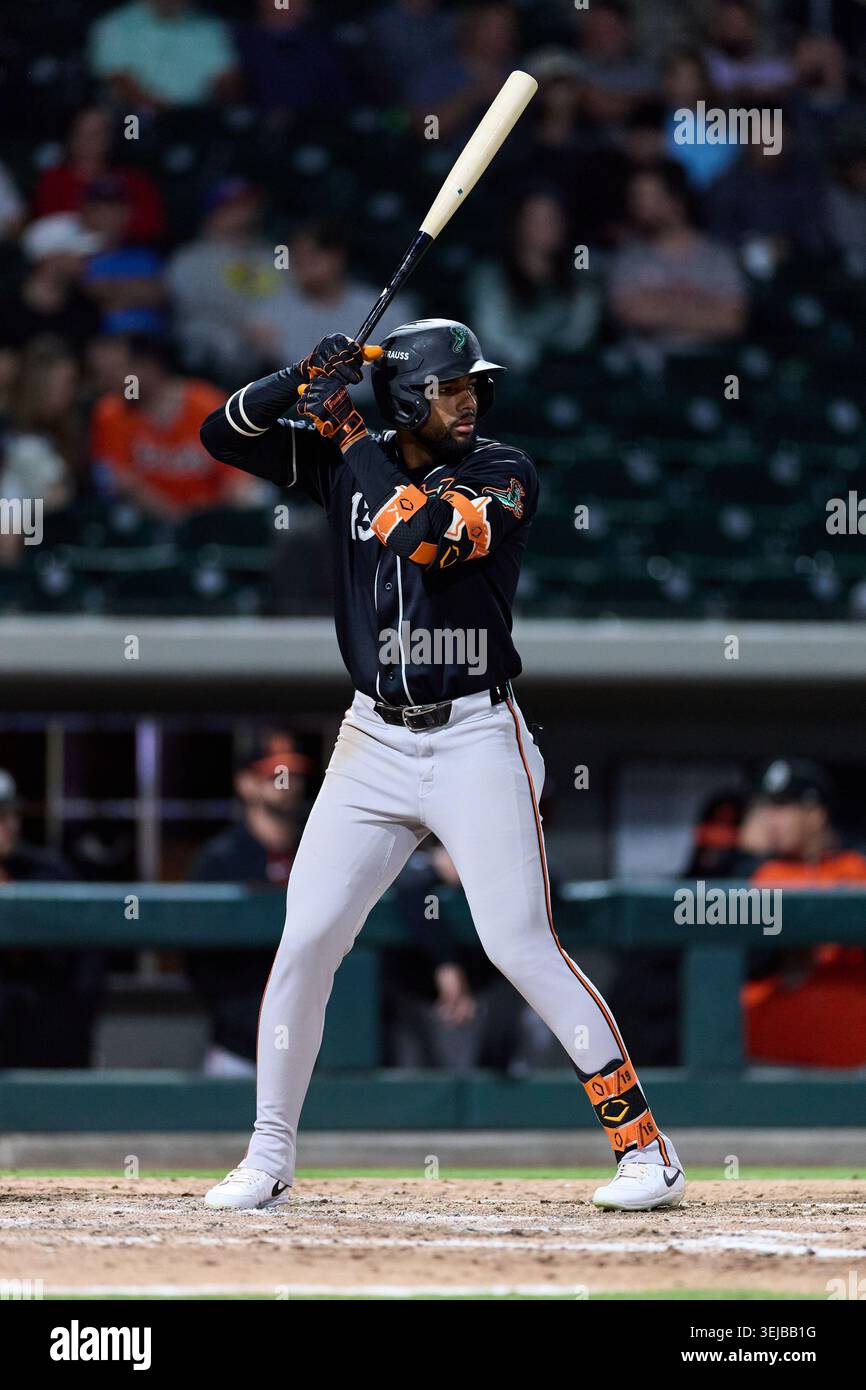 Willy Vasquez (13) of the Norfolk Tides bats against the Charlotte O's ...
