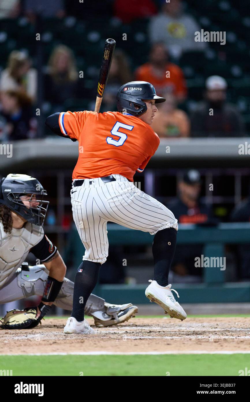 Caden Connor (5) of the Charlotte O's bats against the Norfolk Tides ...