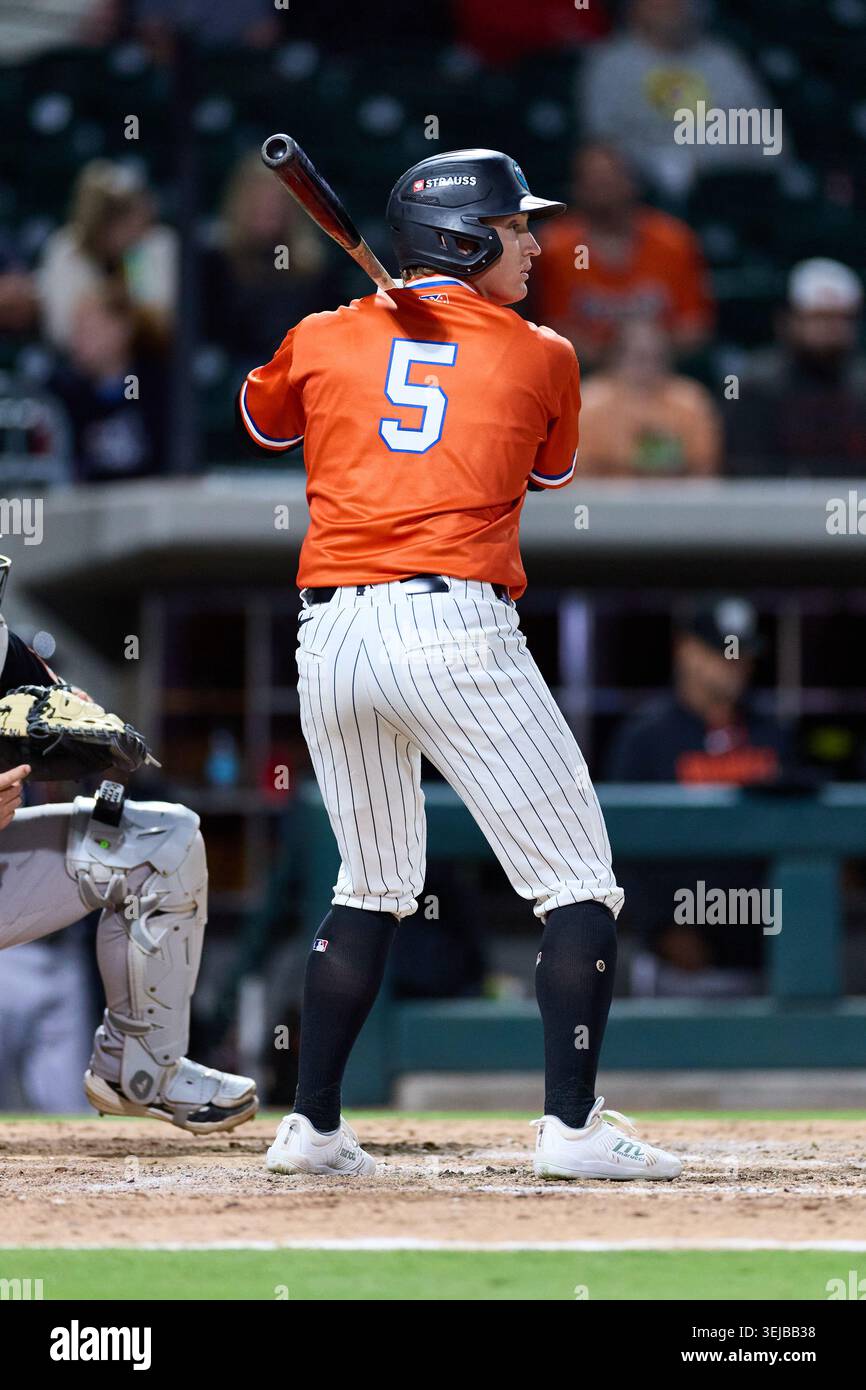 Caden Connor (5) of the Charlotte O's bats against the Norfolk Tides ...