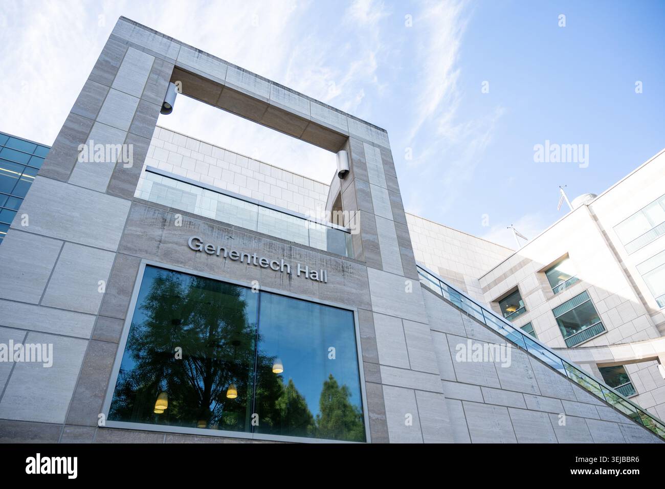 Exterior of Genentech Hall building with modern architecture and glass ...