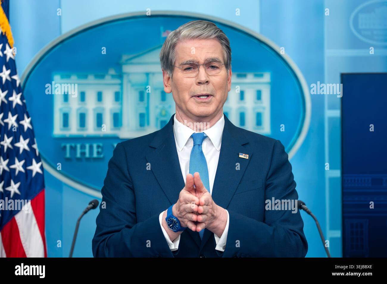 Secretary of the Treasury Scott Bessent speaks during a press briefing ...