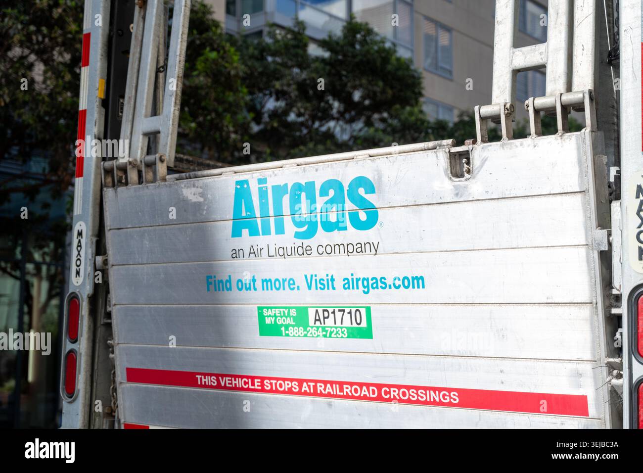 Rear liftgate of Airgas delivery truck with company logo and safety ...