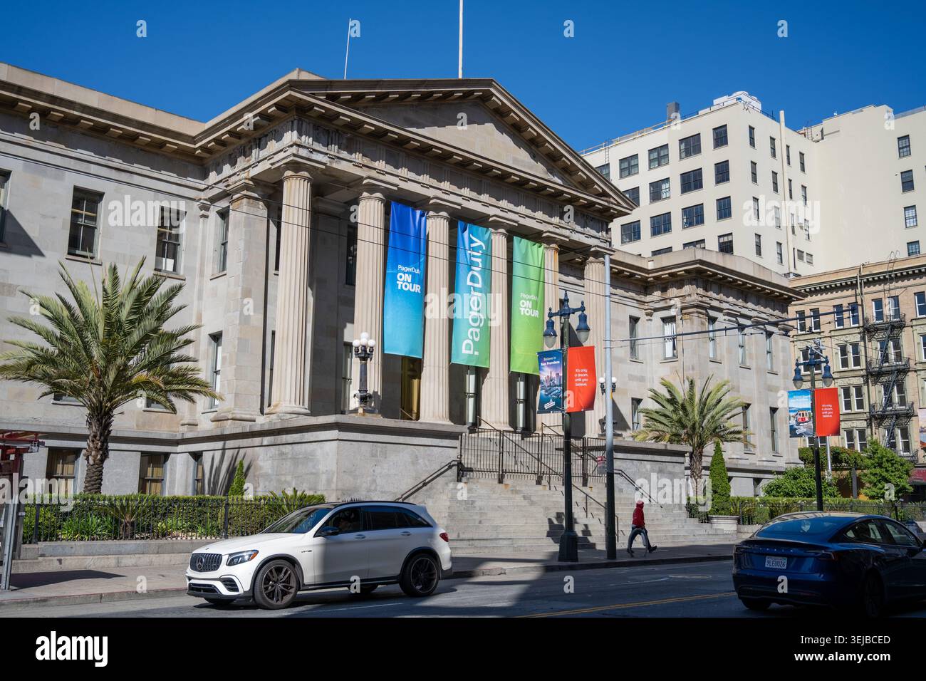 PagerDuty On Tour event banners hanging on columns of building on sunny ...