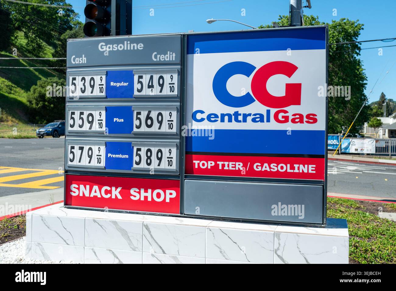 Signage for a gas station showing prices exceeding $5 per gallon ...