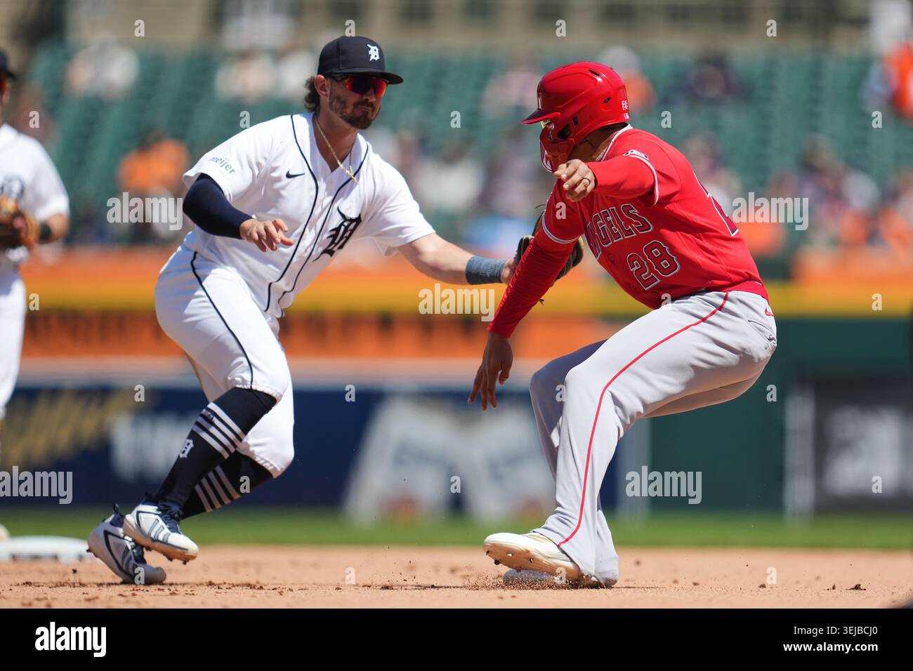 Detroit Tigers second baseman Zach McKinstry (39) tags Los Angeles ...