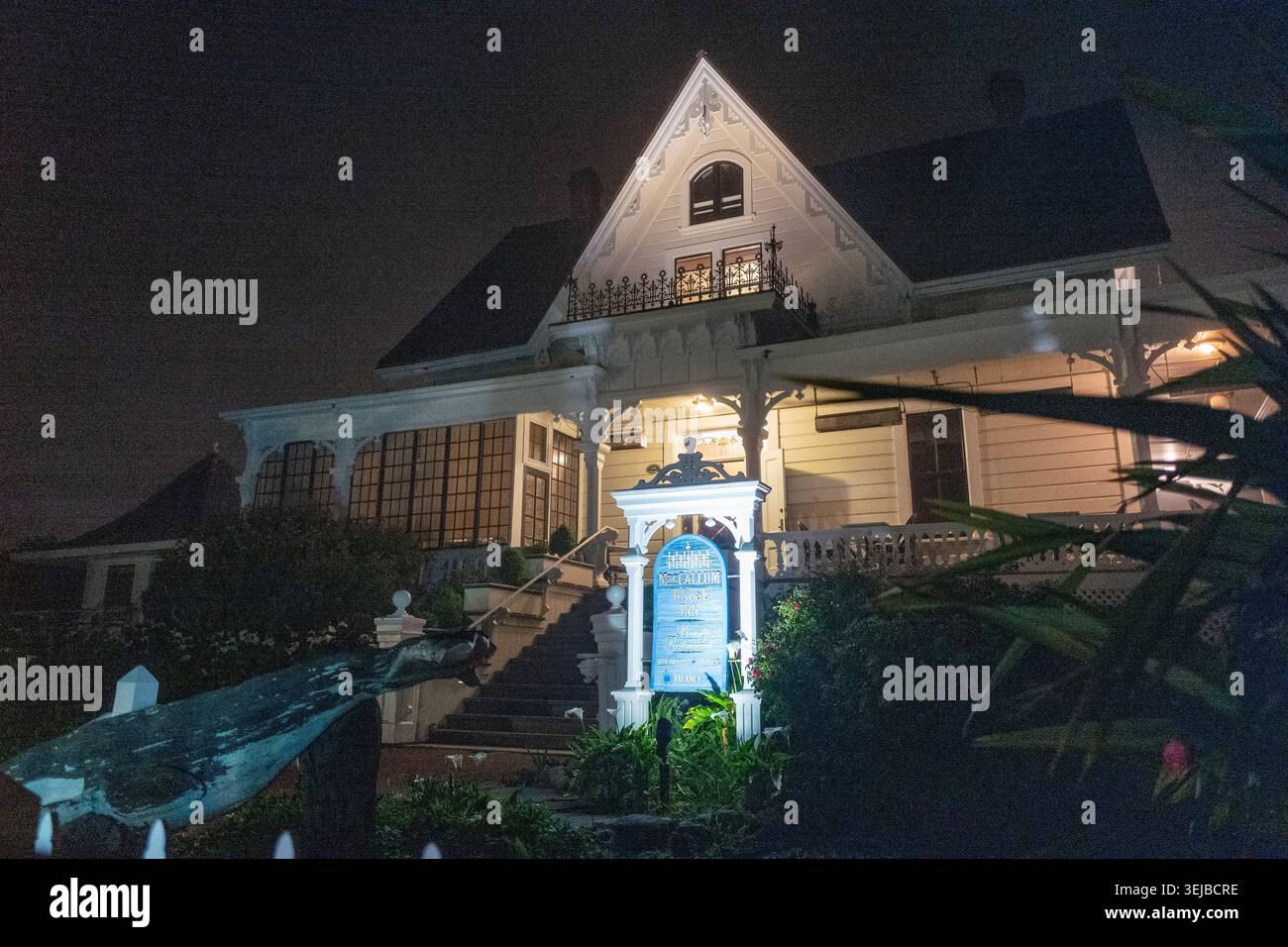 Night view of the facade of MacCallum House Inn in Mendocino ...