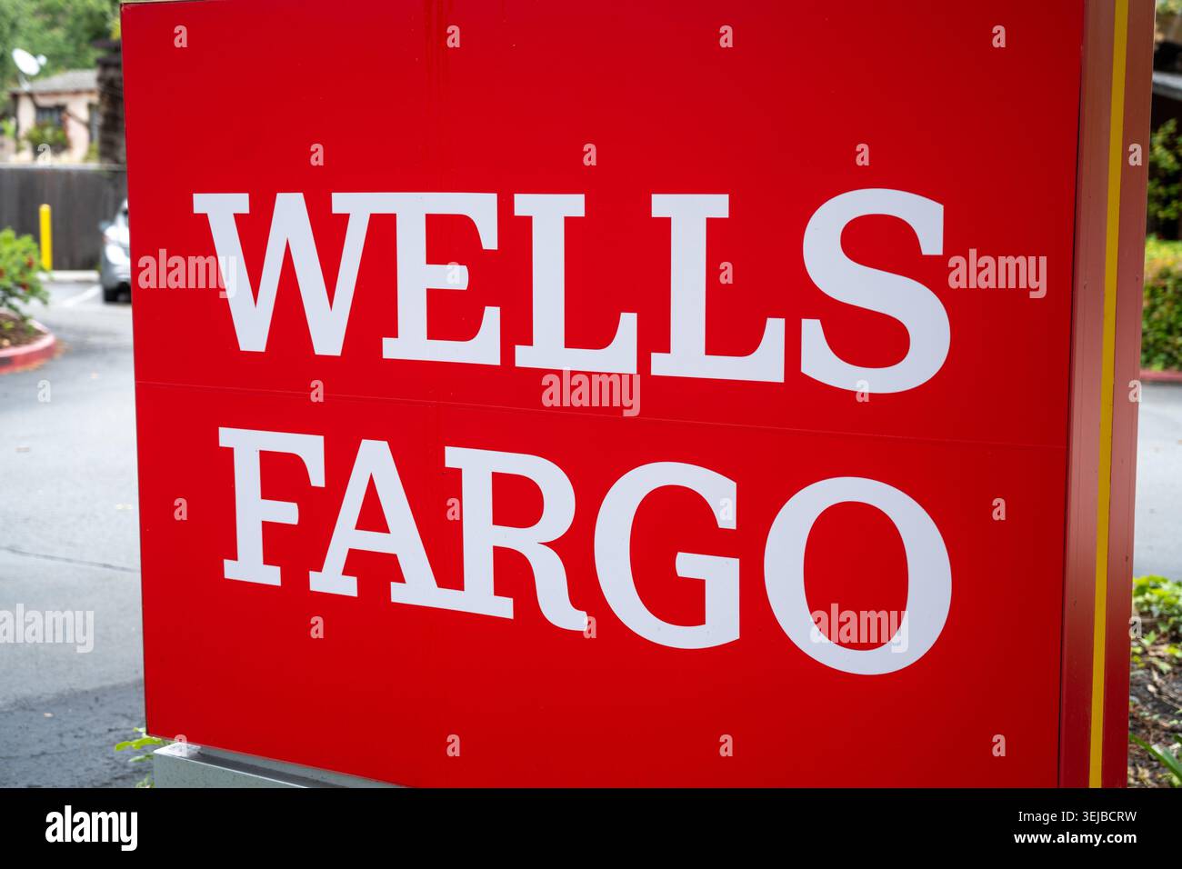 Wells Fargo bank sign with large white lettering on bright red ...