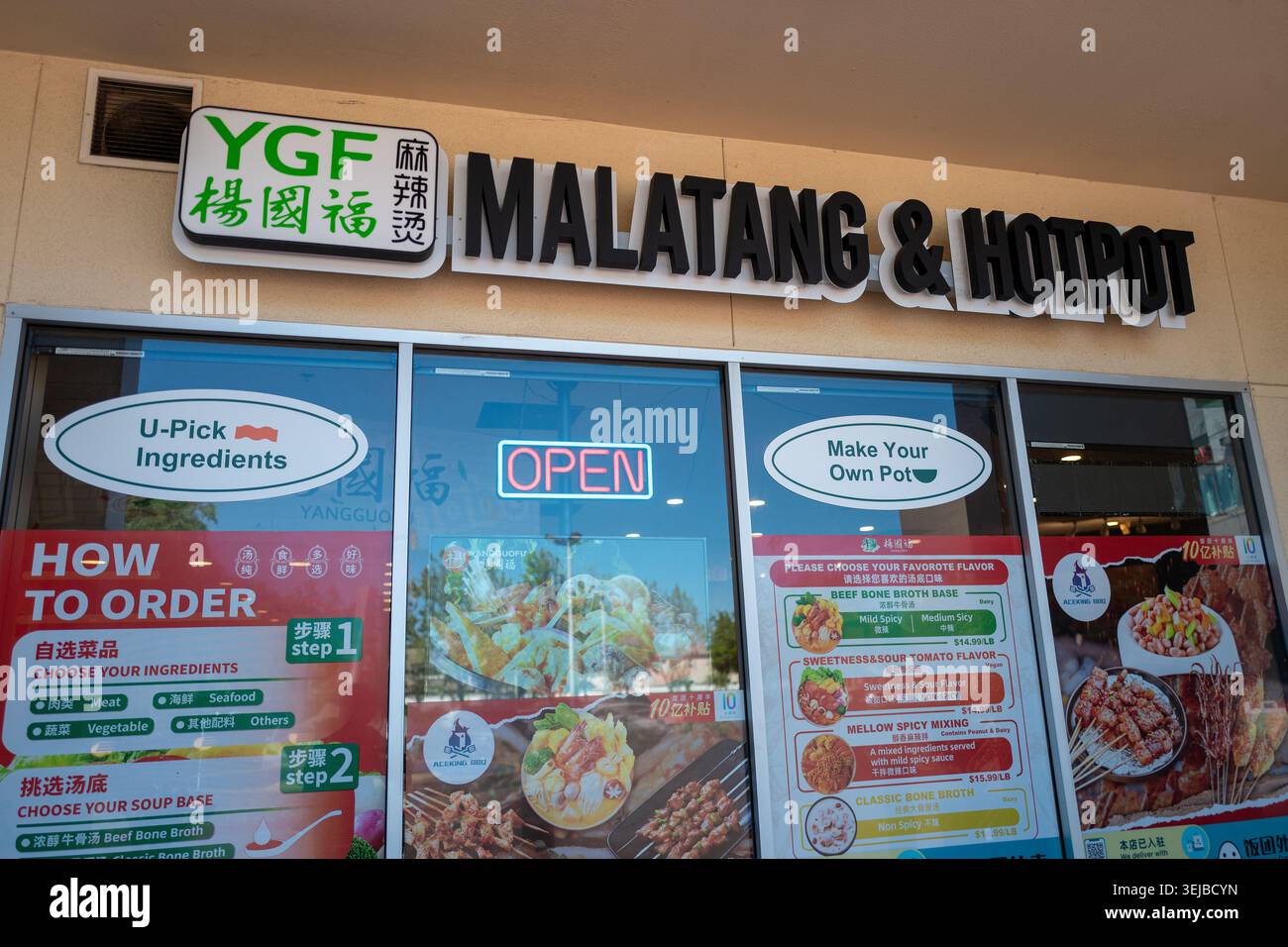 Signage on facade at YGF Malatang and Hotpot, Dublin, California, April ...
