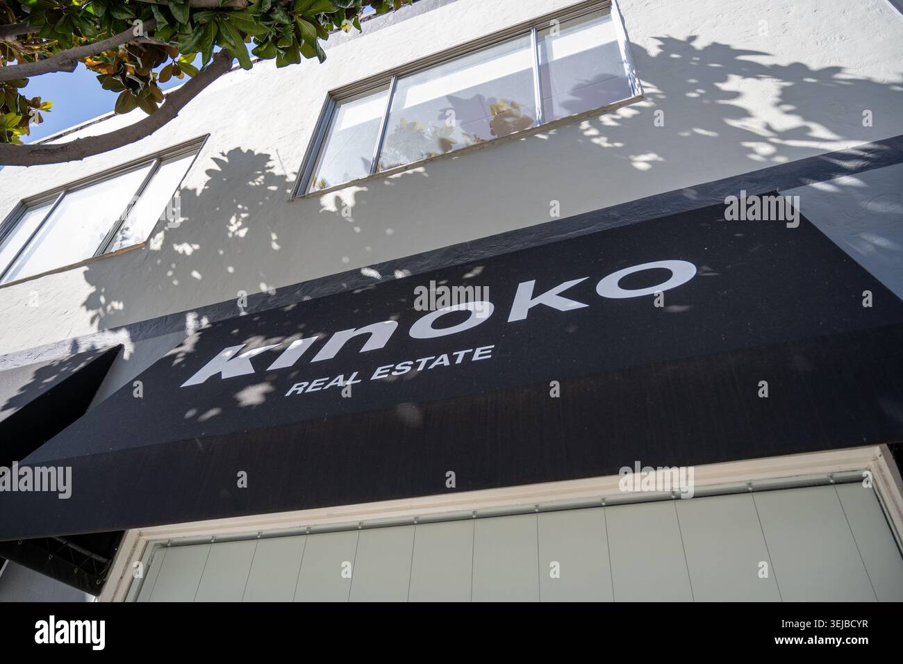 Kinoko Real Estate awning on a sunny day with tree shadows on a ...