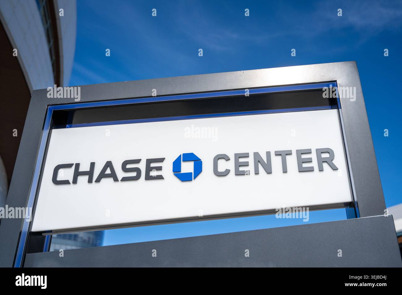 Chase Center sign with logo against blue sky on a sunny day, San ...