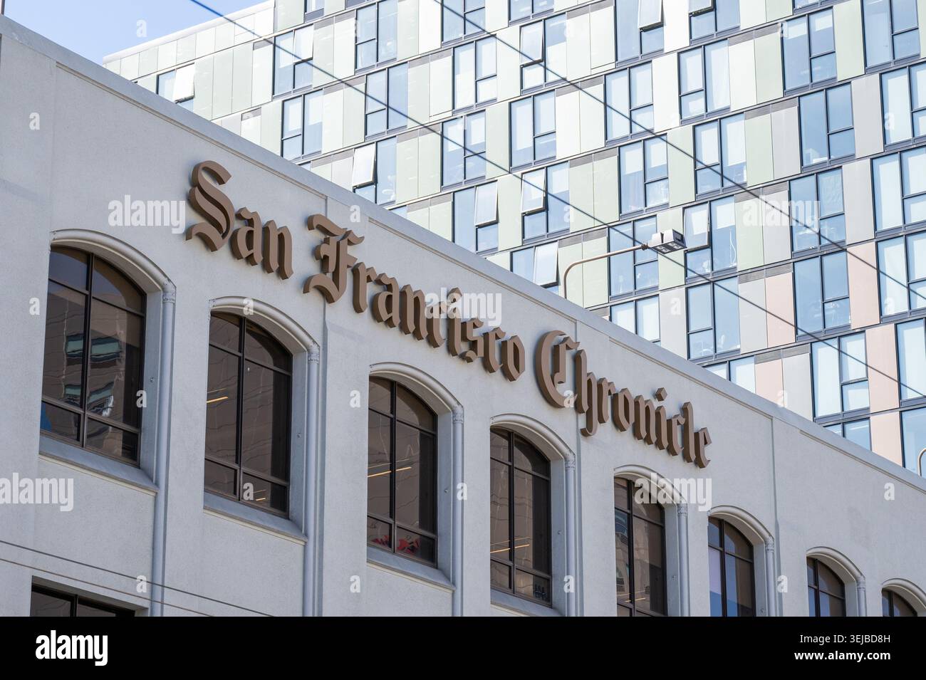 San Francisco Chronicle building facade with logo and modern glass high ...